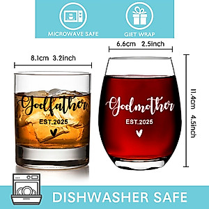 Pokolllee EST 2025 New Godfather Godmother Wine Glass Gifts, First Time Godfather Godmother Gifts, Godparents Proposal Gift, Pregnancy Announcement, Novelty Baptism Wine Glass Gifts for Godparents