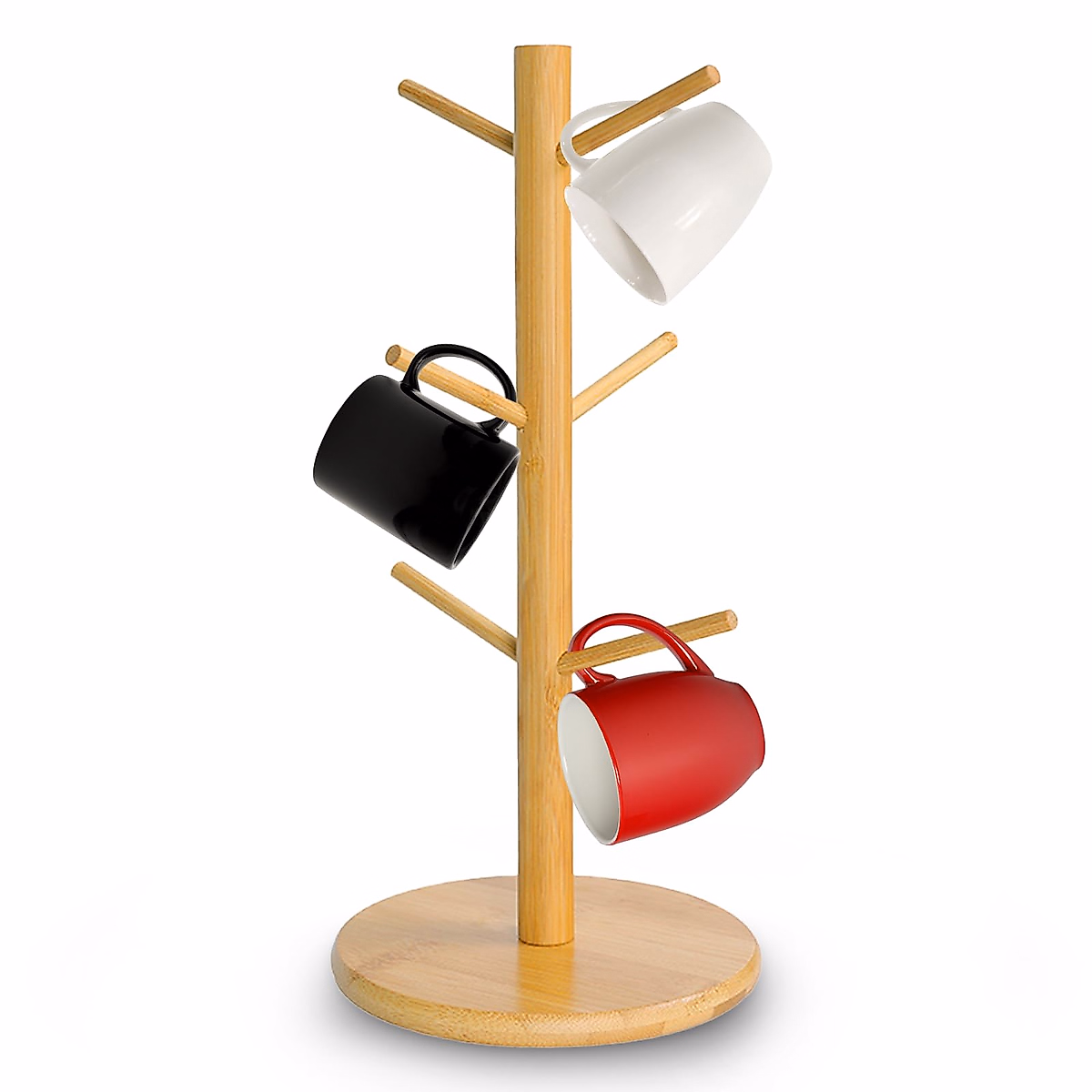 Roucerlin 1 Pack Wooden Coffee Mug Tree, Mug Holder Tree with 6 Hooks, Self-Mounting Mug Tree for Counter, Coffee Mug Stand Rack for Kitchen, Living Room, Coffee Station, Bar (Wood)