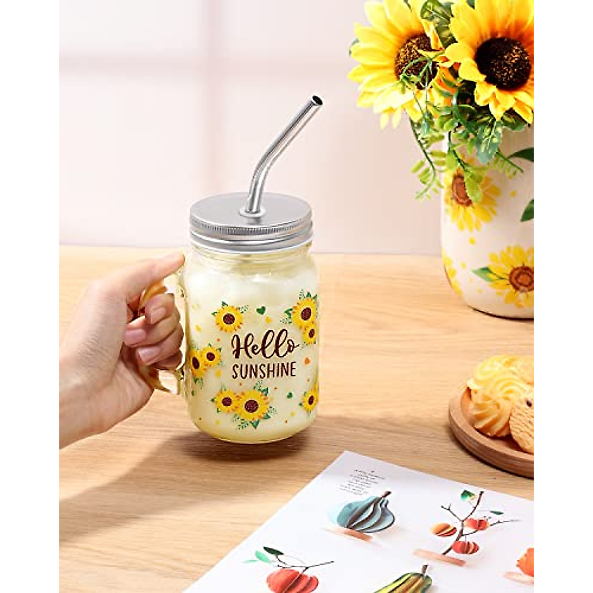 Sunflower Mason Jar Mug with Lid and Straw 16oz Glass Tumbler with Handle Bottle Set for Iced Coffee Smoothie Boba Milk Tea Juices Travel Hello Sunshine Wedding Thanksgiving Christmas Bridesmaid Gift