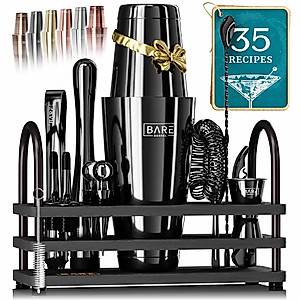 BARE BARREL® Mixology Bartender Kit Bar Set | 14-Piece Cocktail Shaker Set | Martini Barware Mixing Tools for Home Bartending | 35 Recipe Cards | Gift Set (28oz Boston Shaker, Jet Black/Black)