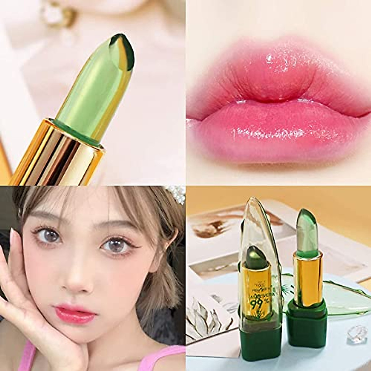 Amazfly 2 Pcs Aloe Vera Lipstick, Clear Jelly Lipsticks, Magic Temperature Color Change Lipstick Lip Blam Moisturizing Long Lasting Lip Makeup (2Pcs)