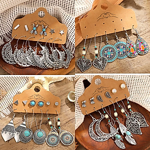 45 Pairs Fashion Hollow Drop Dangle Earrings Set for Women Girls Bohemian National Style Eardrop with Bronze Waterdrop Leaf Feather Shaped Vintage Jewelry for Gifts