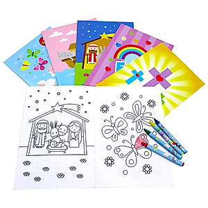 Tiny Mills Christian Religious Coloring Book Set for Kids with 12 Coloring Books and 48 Crayons Favor Bag Filler Sunday School VBS Rewards Basket Fillers Church Carnivals