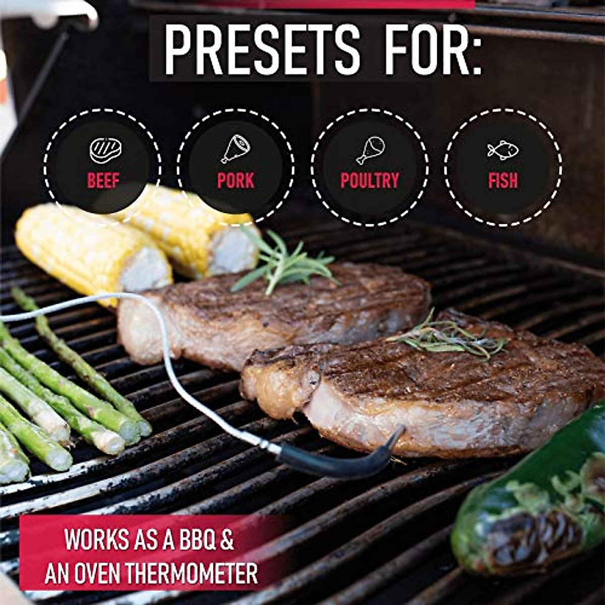 Grillman Digital Meat Thermometer with Leave-in Stainless Steel Probe and Timer for Grills, Smokers and Kitchen Ovens - Preset for Beef, Pork, Poultry and Fish or Set Cooking Times and Target Temps