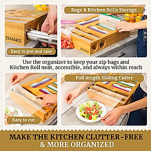 ZEMAKS Bamboo Ziplock bag organizer with foil and plastic wrap organizer for drawer with cutter, compatible with all ziplock bag sizes, any 12 inches roll and 13.5 inches wide drawer