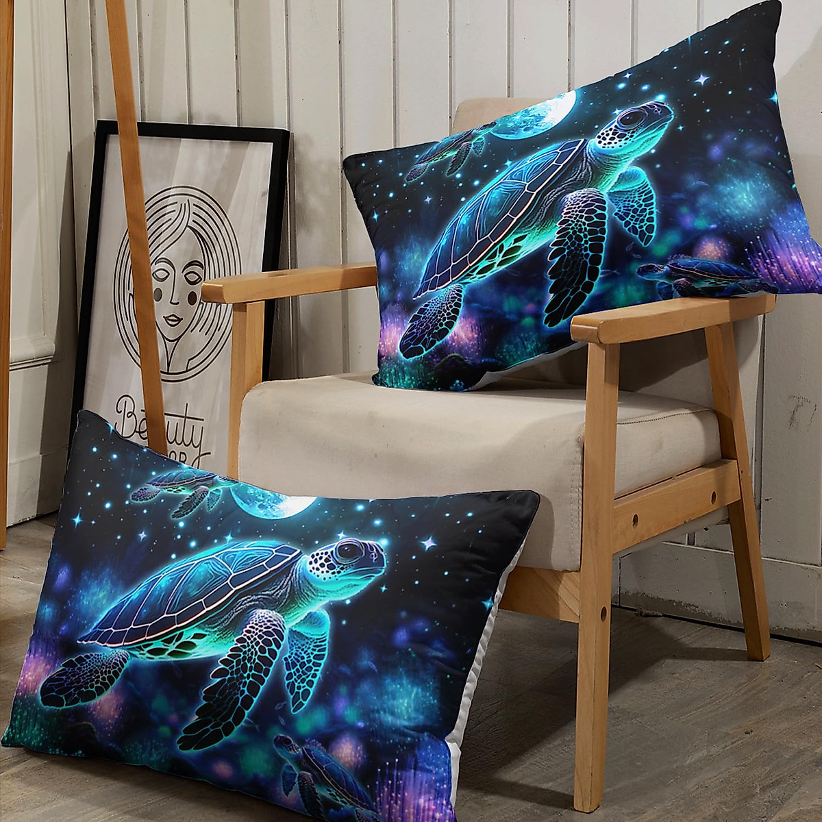 AILONEN Sea Turtle Fitted Sheet Set Twin XL Size, Ocean Bed Sheet Set Coral Jellyfish 3 Pieces Printed Sheet Set for Boys Girls,Evening Starry Moon Turtle Fitted Sheet with 2 Pillowcases