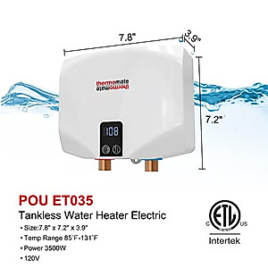 Tankless Water Heater Electric, thermomate 3.5kW 120V Hard Wired Point of Use On Demand Hot Water Heater Self Modulating ET035 (NO PLUG) (White)