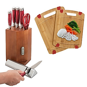 New England Cutlery 7- Piece Knife Block Set with Sharpener - Red