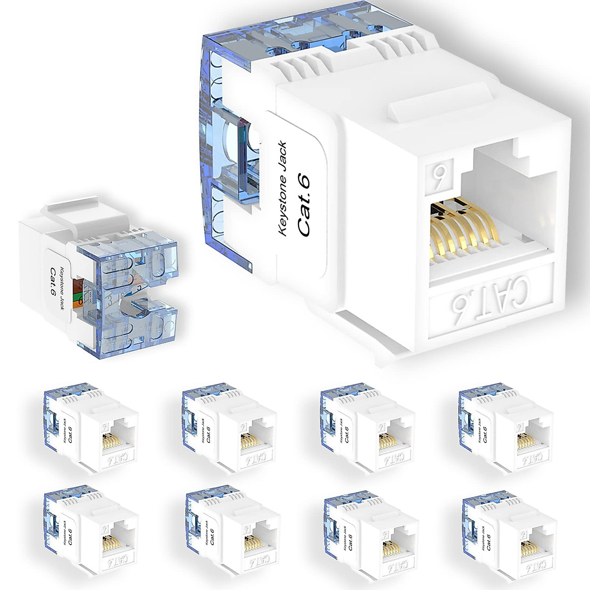 VCELINK Cat6 RJ45 Keystone Jacks Slim Profile 10-Pack, 180-Degree Ethernet Wall Jack Punch Down, Cat5e Cat5 Keystone Module Connector UTP, 110-Type for Wall Plate, Patch Panel (White)