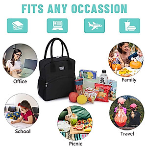 Kasqo Lunch Box Bag for Men Women, Insulated Thermal Reusable Lunch Cooler Tote Lunch Tote with Front Pocket Office Work Travelling in Black