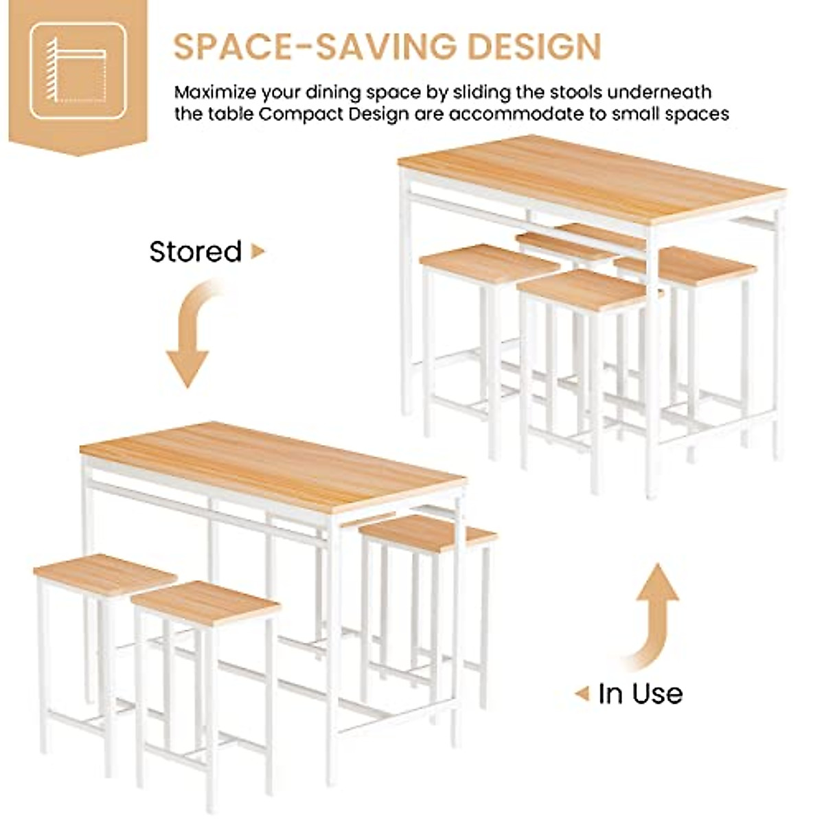 Recaceik Dining Table Set for 4 Kitchen Table and Chairs Set of 4, 5 Pieces Bar Table Set with 4 Stools Counter Height Dining Room Table with Metal Legs for Dinette Breakfast Nook, 47'' Walnut