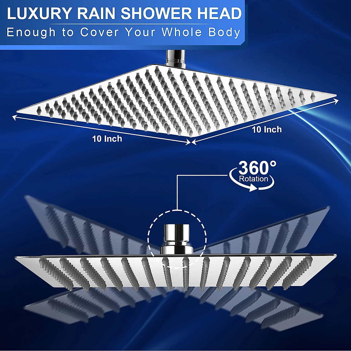 Aiscsc Rain Shower Head - 10 Inch High Pressure Shower Heads 304 Stainless Steel Ultra Thin Square Showerhead Pressure Boosting Design, Ceiling or Wall Mount