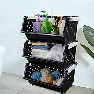 Qskely 3-Pack Plastic Stackable Organizer Basket, Stacking Storage Basket, Black