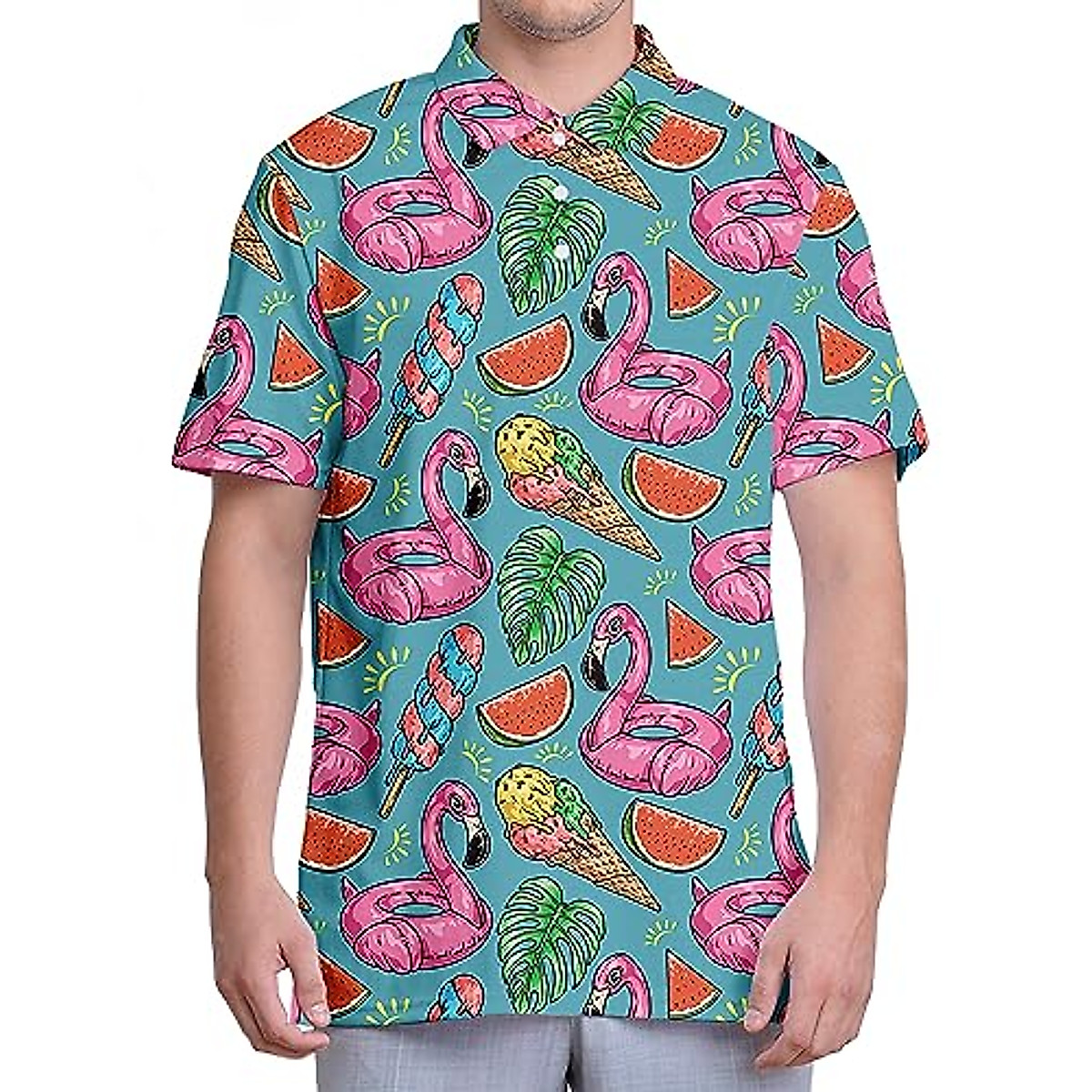 Rhodias Flamingo Shirt Flamingo Golf Shirt Floral Golf Shirts for Men Hawaiian Golf Blue Shirt Pink Ice Cream Watermelon
