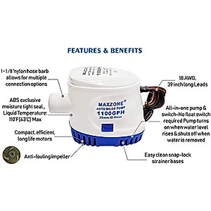 MAXZONE Automatic Submersible Boat Bilge Water Pump 12v 1100gph Auto with Float Switch (Blue - Automatic)