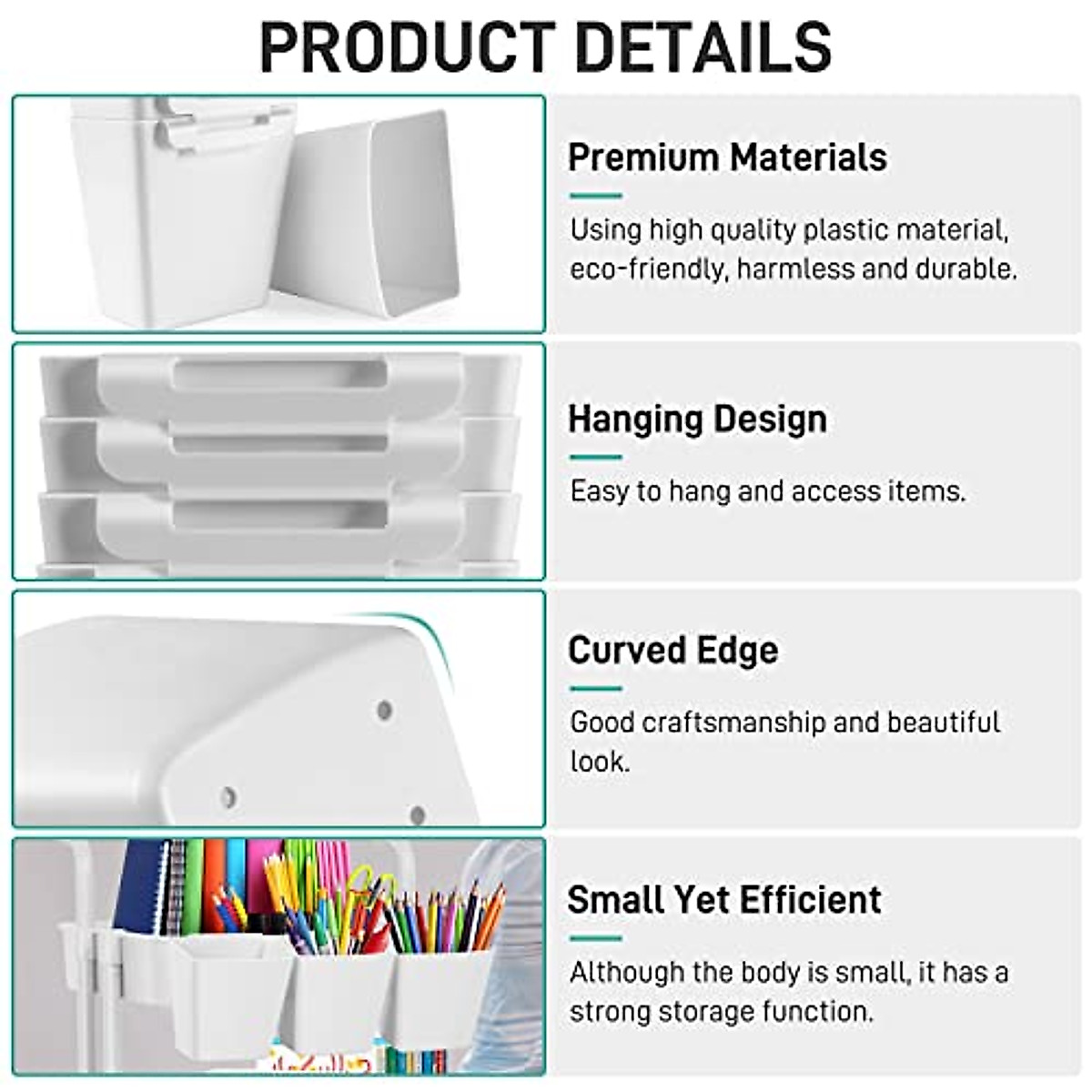 LEZIOA 5 Pack Hanging Cup Holders, Multipurpose Rolling Cart Accessories Utility Cart Accessories For Art & Craft Supplies, Space Saving Hanging Storage Basket Pencil Holder Makeup Organizers (White)