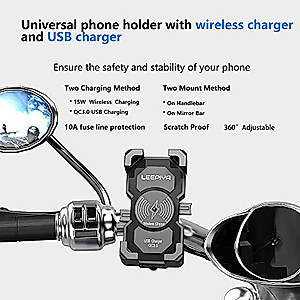 Upgraded Leepiya Motorcycle Phone Mount with Wireless and USB Charger 15W Qi Fast Charging Cell Phone Holder for Motorcycle ATV Boat Snowmobile Compatible with iPhone 12 11 Xs MAX XR X 8 8P Samsung