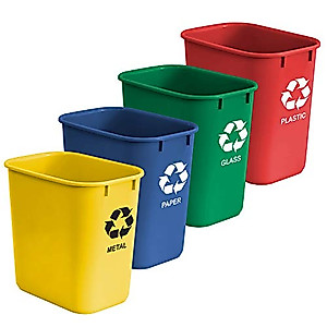 Acrimet Wastebasket Bin for Recycling 27QT (Made of Plastic) (Metal/Yellow, Paper/Blue, Glass/Green, Plastic/Red) (Set of 4)