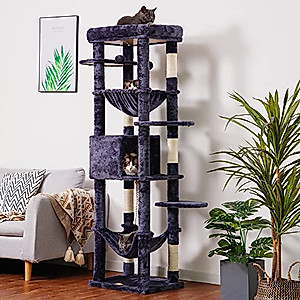 Heybly Cat Tree with Extra Large Platform, 69 inches XXL Large Cat Tower for Indoor Cats, Multi-Level Cat House with Padded Plush Perch, Cozy Basket and Scratching Posts, Smoky Gray HCT031G