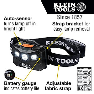 Klein Tools 56048 Rechargeable Auto-Off LED Headlamp, Adjustable Fabric Strap, 400 lms, All-Day Runtime, for Work, Running, Outdoor Hiking