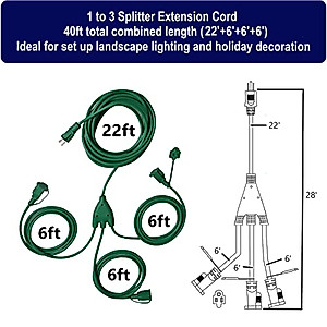 EVERSIMPLEINC 1 to 3 Splitter Extension Cord (Combined 40 FT, End to End 28 FT), 3 Prong Plug with 3 Extended Outlets, with Weatherproof Covers for Indoor and Outdoor,16AWG/3C SJTW, ETL Listed