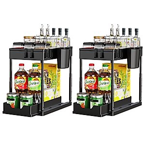 Under Sink Organizers and Storage - Adjustable Height Sliding 2-Tier Pull Out Drawer Rack Multi-Purpose Under Sink Shelf Organizer for Kitchen Bathroom Under Counter Cabinet Storage (Black-2pcs)