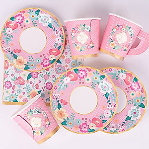 DECORLIFE Disposable Tea Cups Serves 24, 7oz Paper Tea Cups with 5" Saucers, Floral Teacups with Handle for Tea Party Birthday Baby Shower Wedding, Total 48PCS