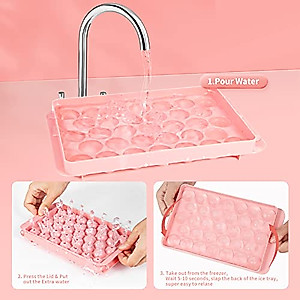 Ice Cube Trays For Freezer, Ice Ball Maker Mold Mini circle Round Ice Cube Mold with Lid 1.2in X 66PCS for Cocktail Whiskey Tea Coffee (Pink)