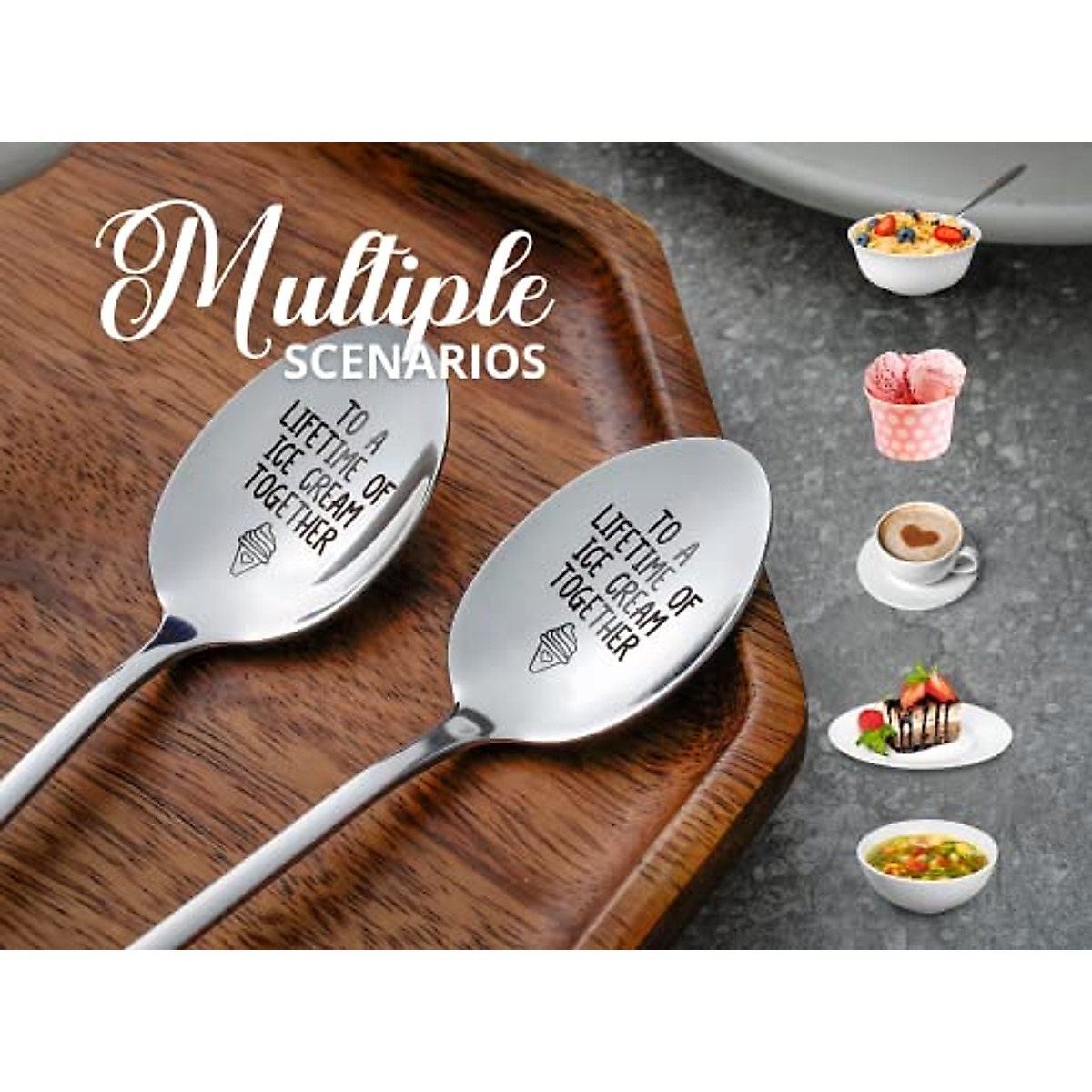 Engraved Ice Cream Spoon Gifts for Couple on Anniversary, 2 Pcs Personalized Coffee Spoon Stainless Steel, To a Lifetime of Ice Cream Together, Couple Gifts for Him and Her on Valentines Day