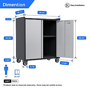 SUXXAN Metal Storage Cabinet with Wheels, Garage Cabinet on Wheels, Rolling Cabinet with Doors,Tool Cabinet with 1 Adjustable Shelf for Utility Room/Home/Storehouse, Assembly Required (Black and Gray)