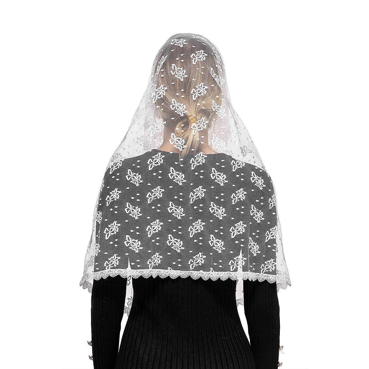 Wgior Embroidered Lace Chapel Veil Infinity Mantilla Veils Catholic Church veil Latin Mass Head Covering Scarf (White)