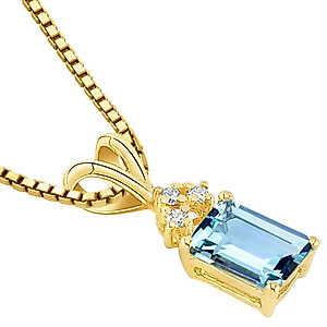 PEORA Solid 14K Yellow Gold Aquamarine and Diamonds Pendant for Women, Genuine Gemstone Birthstone Solitaire, Emerald Cut, 7x5mm