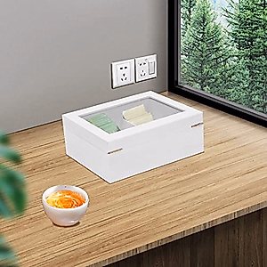 Wooden Tea Box Organizer, Mordern White Tea Organizer with Clear Lid, Tea Bag Holder for Cabinet, Tea Caddy Chest Large Capacity Tea Storage Containers Suitable for Tea, Coffee and Sugar Bags