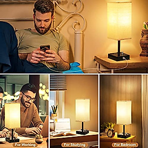 Fully Dimmable Nightstand Lamps Set of 2& 3-Way Touch Dimmable Bedside Lamps,Table Lamps with USB C+A and Dual AC Outlets for Bedroom Living Room Guestroom(LED Bulb Included)