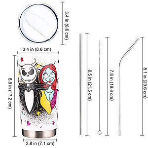 LAZYKITTY Nightmare Before Christmas Tumbler Cup with Straws and Lid, Jack and Sally Nightmare Before Christmas Gift for Women Friend Wife Daughter, Double-wall Stainless Steel Vacuum Insulated, 20 Oz