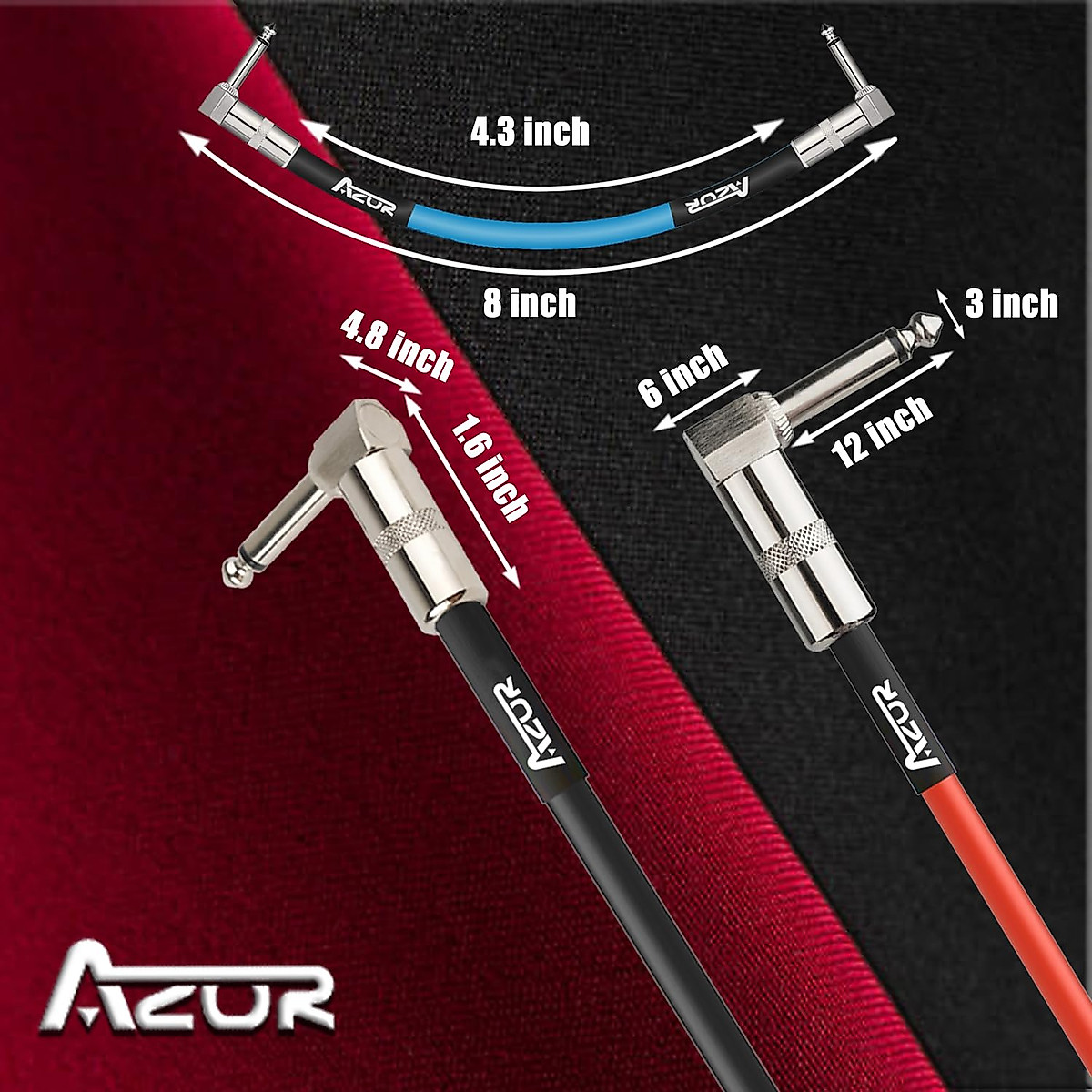 AZOR Guitar Patch Cables Right Angle,12 cm Instrument Cables for Guitar Bass Effect Pedals 6 Pack (Multicolored)