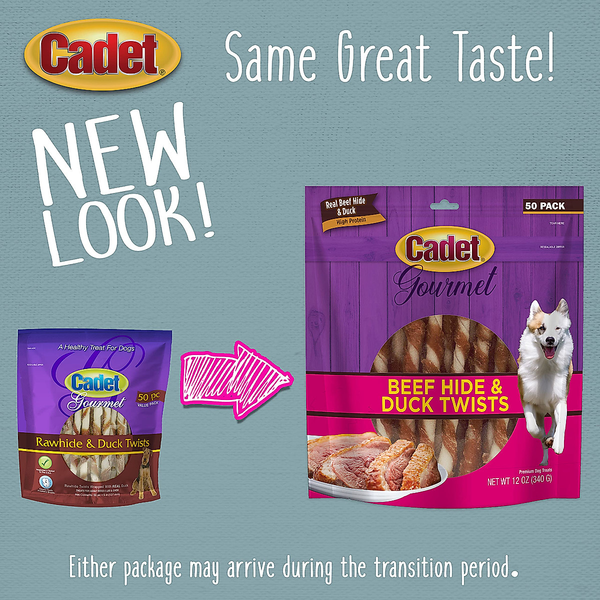Cadet Gourmet Beef Hide Twist Chew Sticks, Long Lasting & Natural Chew Treats for Dogs, Inspected & Tested in USA, Duck Flavor (50 Count)