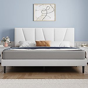 Molblly Full Bed Frame Upholstered Platform with Headboard and Strong Wooden Slats, Strong Weight Capacity, Non-Slip and Noiseless,No Box Spring Needed, Easy Assembly,Light White