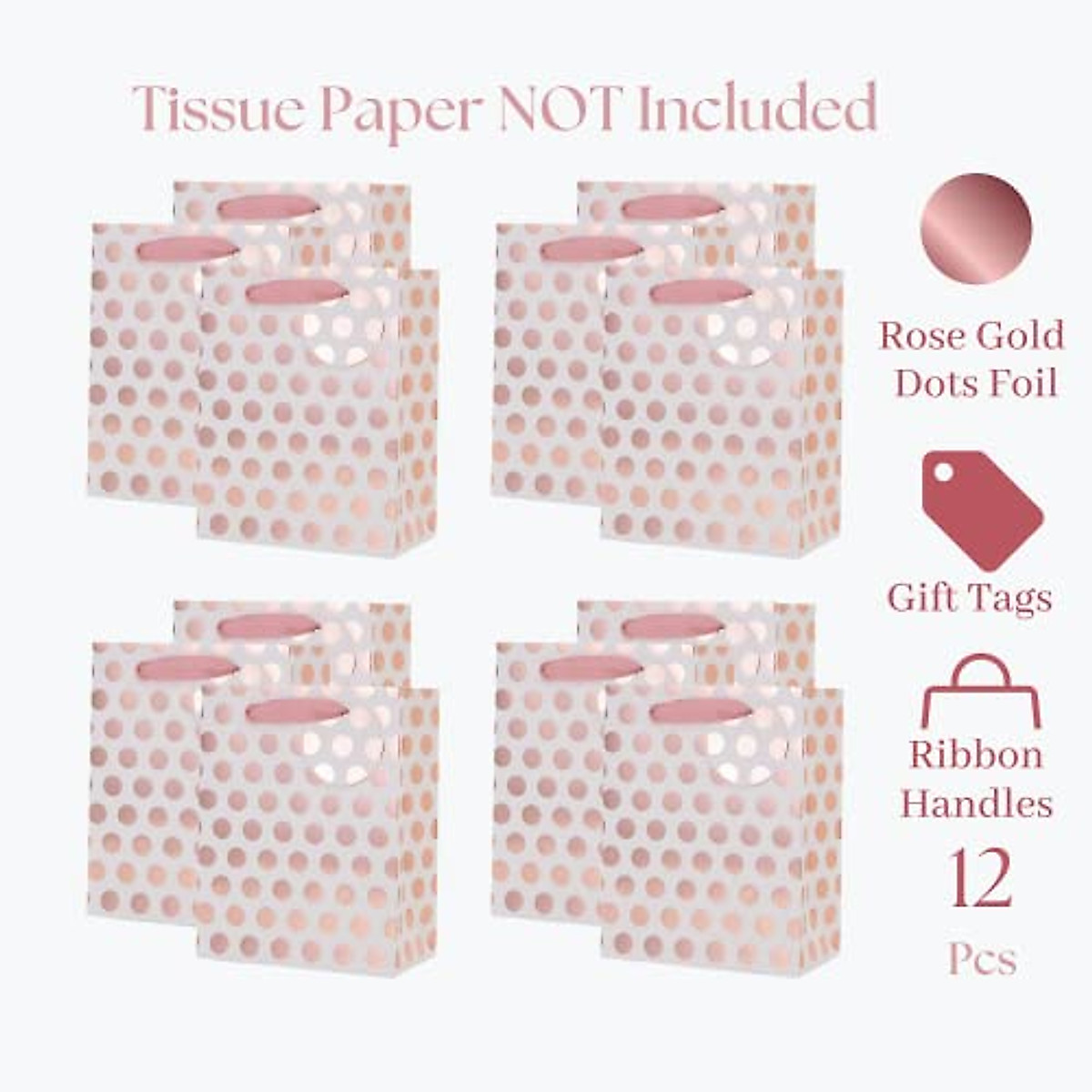 UNIQOOO 12PCS Christmas Metallic Rose Gold Gift Bags Bulk with Tag, Medium 9x7 Inch, Modern Pink Polka Dots Foil Paper Wrap Bags, for Wedding, Birthday, Valentine's Day, Mother's Day Gift Packaging Décor Party Favor