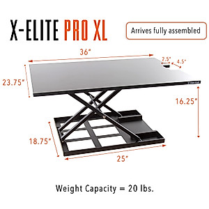 Stand Steady X-Elite Pro XL, Ergonomic Adjustable Height Standing Desk Converter, Extra Large Sit to Stand Laptop Desk Riser, Easily Fits 2 Computer Monitors (Black, 36 x 16)