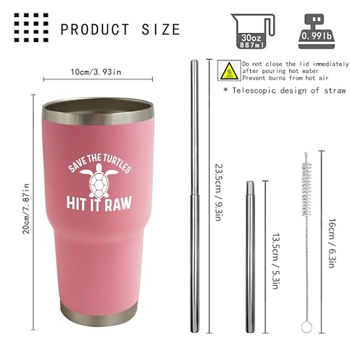 liabiliies Travel Coffee Tumbler 30 oz save the turtles hit it raw Tumbler with Lid and Straw Insulated Tumblers Stainless Steel Tumbler