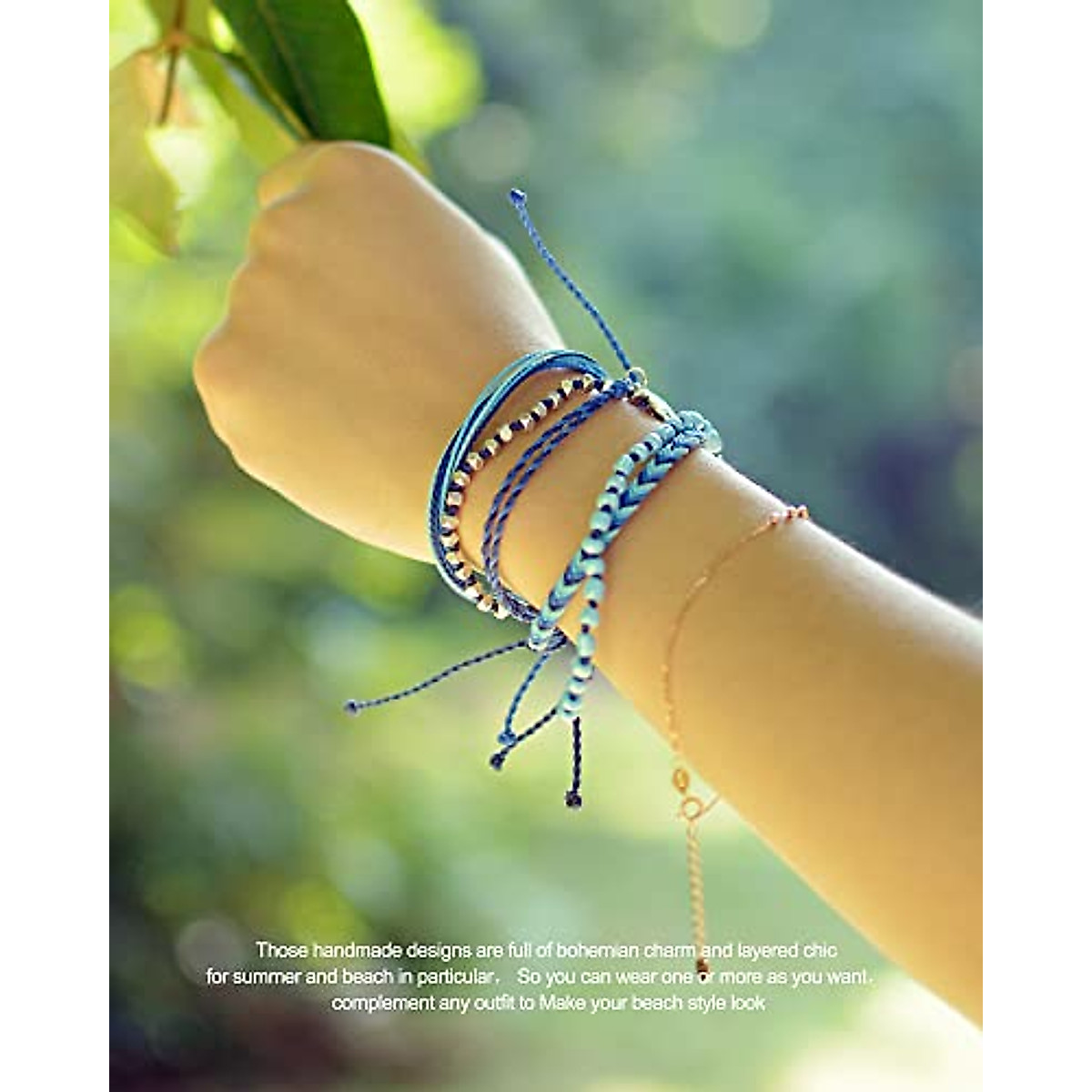 Mezcla Vida Bohemian Starfish Charm Silver Zinc Beaded Waterproof Rope Surfing Bracelets Sets For Women Teen Girls, Beach Handmade String Jewelry (BLUE, Zinc Alloy)