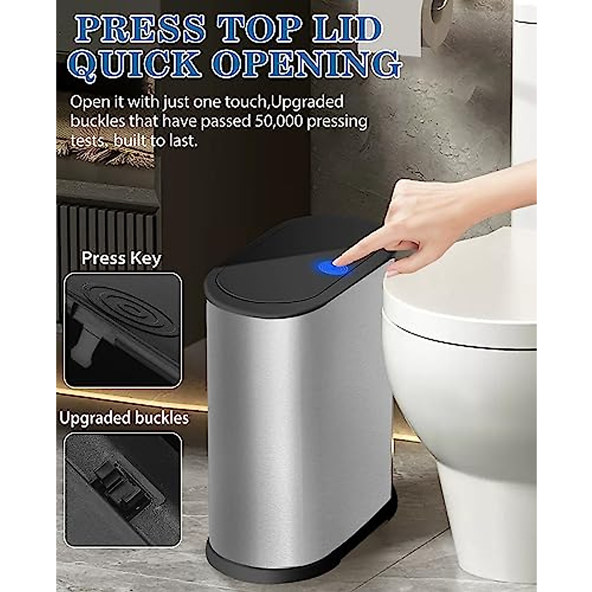 IRISVO Bathroom Trash Can with Press Top Lid, 2.1 Gallon Small Slim Trash Can, Stainless Steel Narrow Garbage Can Wastebasket Trash Can,Removable Liner Bucket Trash Bin for Bathroom,Bedroom(Silver)