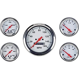 5-Gauge Set Complete Kit: 3-3/8" Mechanical Speedometer, 2-1/16" Component Gauges with White Face, Red Pointer & Chrome Bezel, Includes Tubing, Adapters, Fuel Level Sender