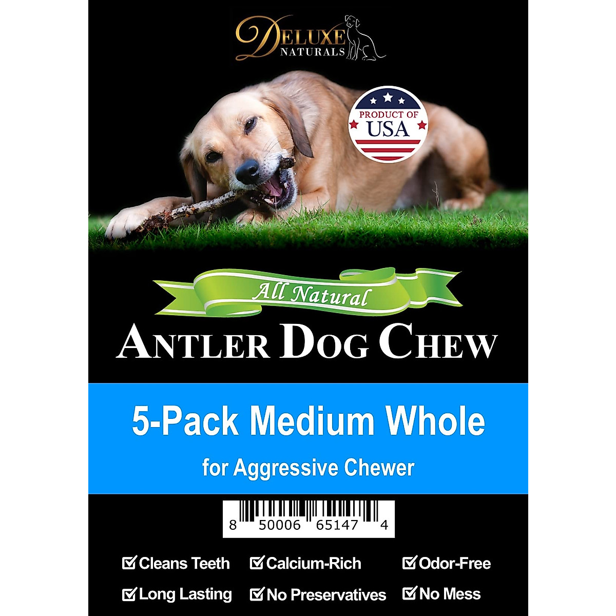 Deluxe Naturals Elk Antler Chews for Dogs | Naturally Shed USA Collected Elk Antlers | All Natural A-Grade Premium Elk Antler Dog Chews | Product of USA, 5-Pack Medium Whole