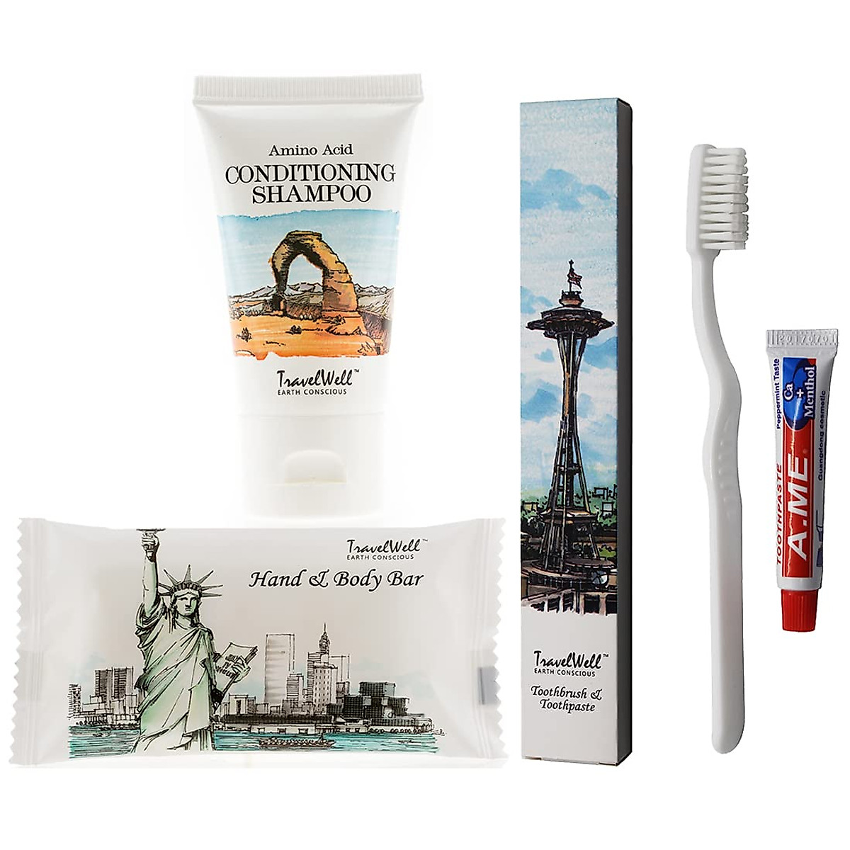 Travel Well Hotel Toiletries Amenities Travel Size Massage Cleaning Soaps In Bulk 1.0oz/28g,30ml Shampoo & Conditioner 2 in 1,Boxed Toothbrush Toothpaste Individually Wrapped 30 Set