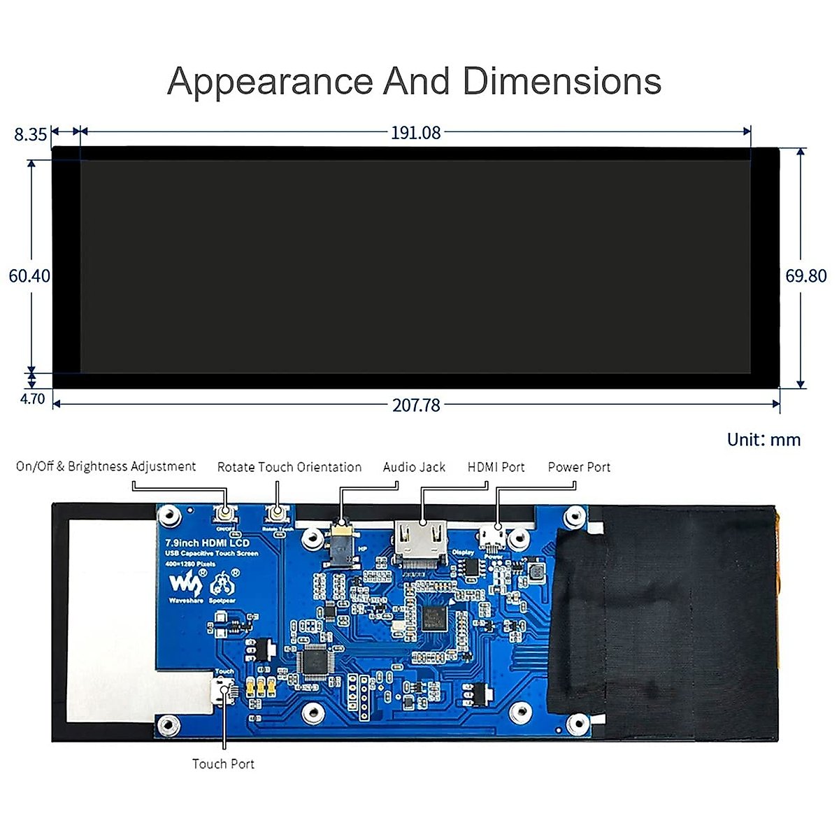 7.9inch Capacitive Touch LCD 400×1280 Pixel IPS Screen HDMI Interface 5-Points Toughened Glass Driver Free for All Raspberry Pi 4B/3B+/3B/2B/Zero/Zero W/Zero WH and Jetson Nano Windows 10/8.1/ 8/7