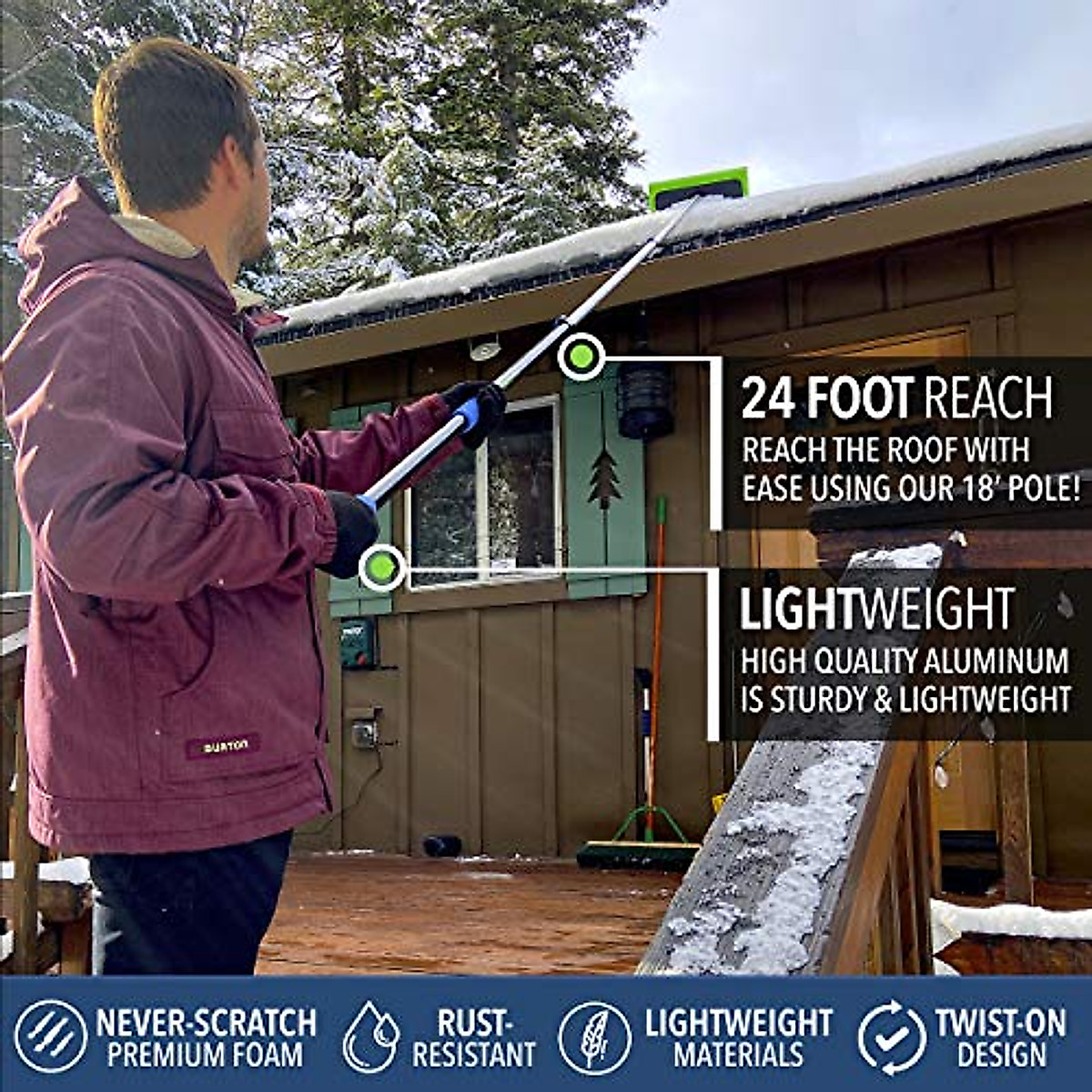 EVERSPROUT Never-Scratch SnowBuster 6.5-to-18 Foot (Up to 24 ft Standing Reach) | Pre-Assembled Extendable Roof Rake for Snow Removal | Lightweight Aluminum, Soft Foam Pad | Exclusive Push/Pull Design