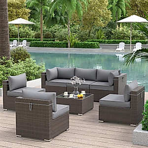 VONZOY Patio Furniture Set 7 Pieces Outdoor Sectional Rattan Sofa Set, PE Rattan Wicker Patio Conversation Set with 6 Seat Cushions and 1 Tempered Glass Table and Furniture Cover, Dark Grey