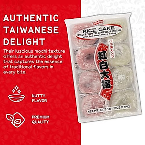 Shirakiku Red and White Daifuku Mochi Rice Cake | Delight with Maltose, Glutinous Rice, Red Bean Filling | Perfect for Asian Snacking and Desserts | 12.72oz, (Pack of 1)